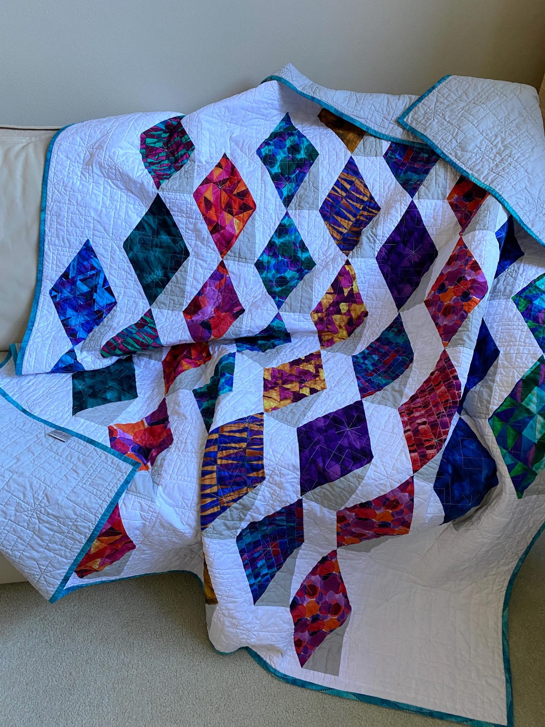Modern Quilt GEMSTONE STRANDS Geometric, Abstract, Colorful. Handmade Retro Throw. Colorful ...