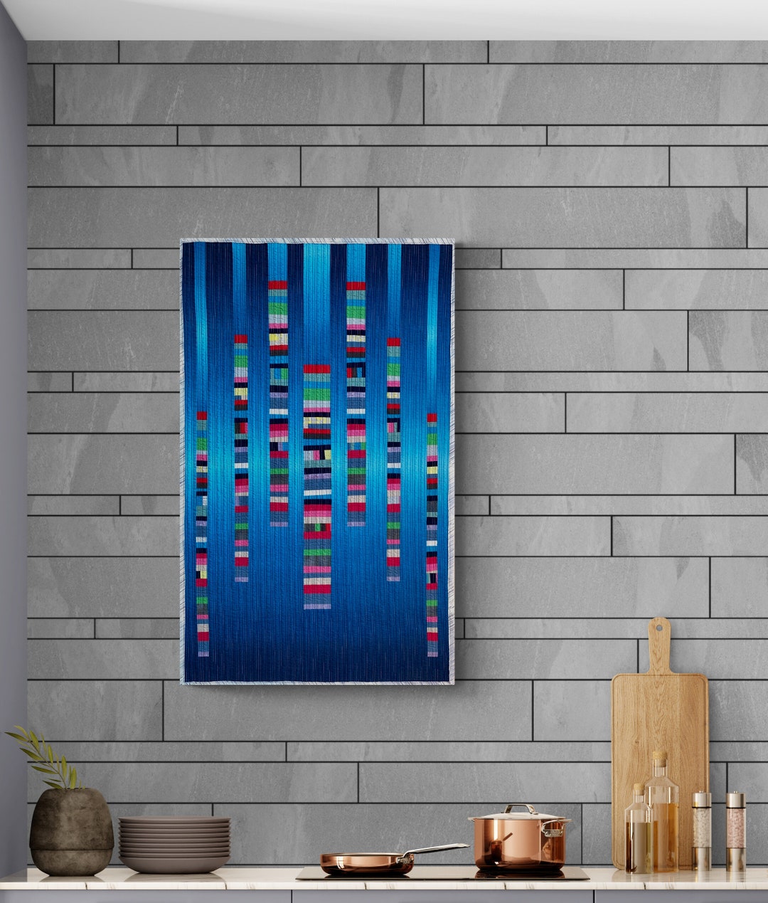 Modern Art Wall Quilt TORCH Colorful, Linear. Original Design. Blue ...