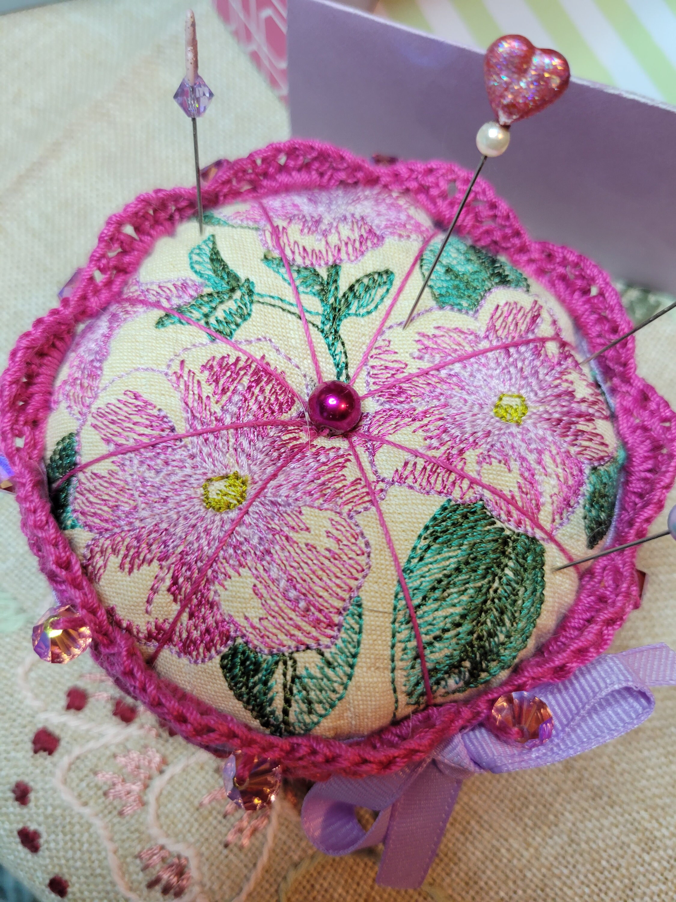 Machine Embroidered Pin Cushion With Hand Crocheted Bottom - Etsy
