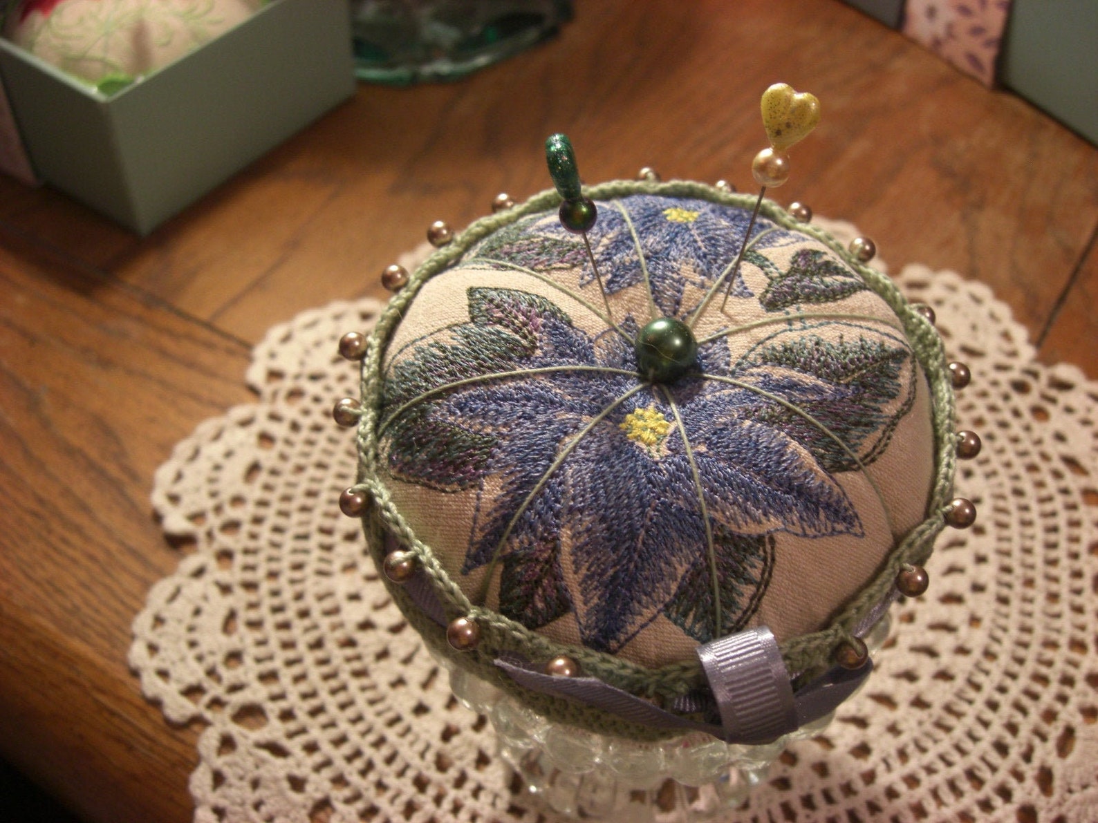 Machine Embroidered Pin Cushion With Hand Crocheted Bottom - Etsy