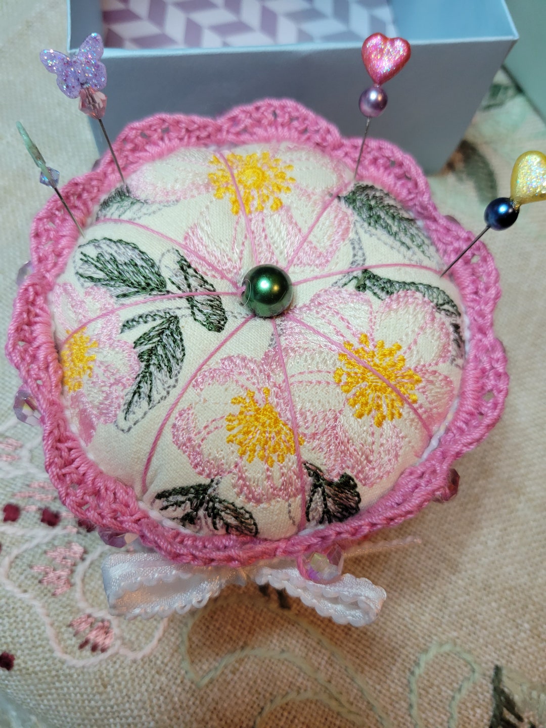 Machine Embroidered Pin Cushion With Hand Crocheted Bottom - Etsy