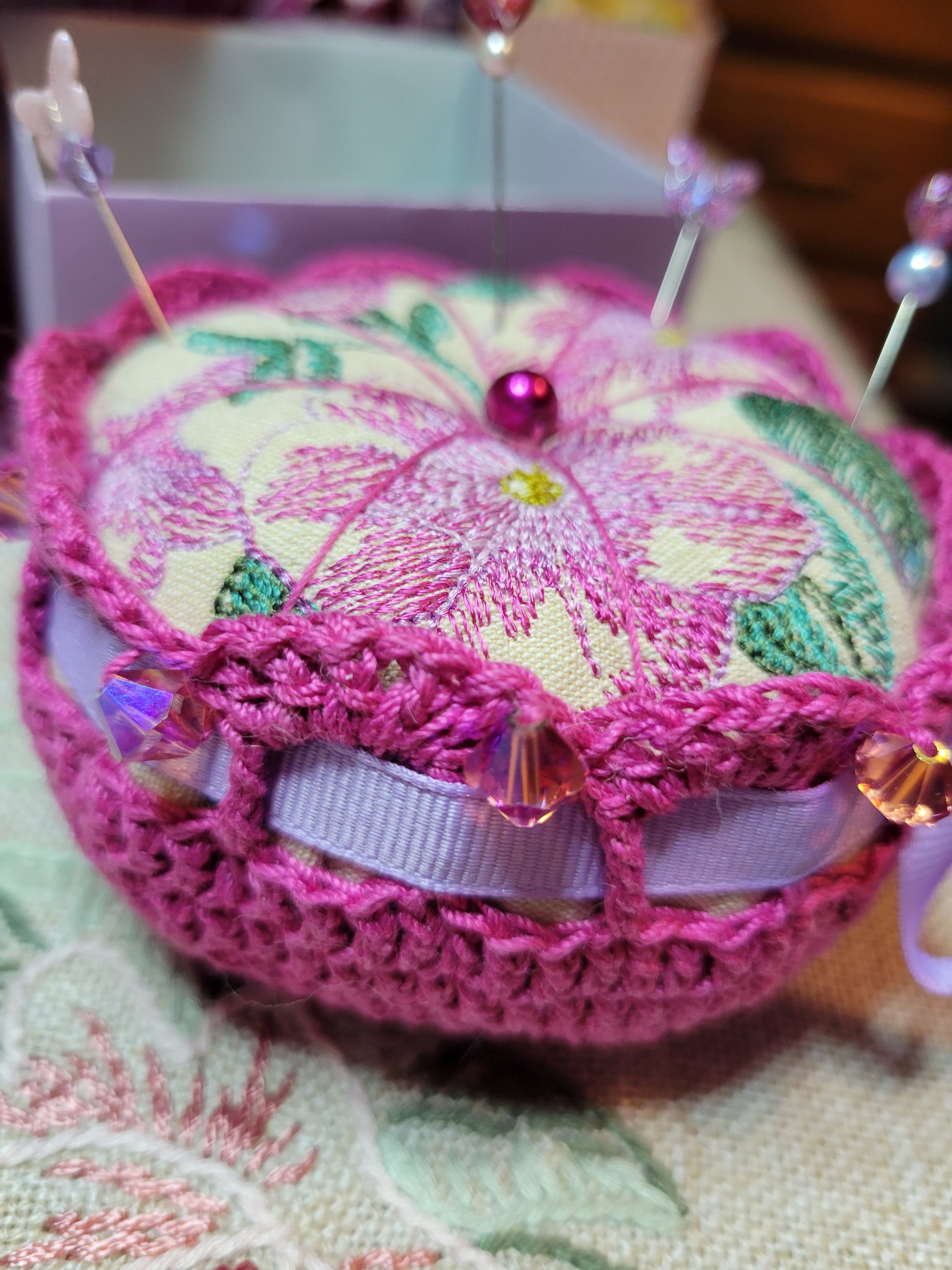 Machine Embroidered Pin Cushion With Hand Crocheted Bottom - Etsy
