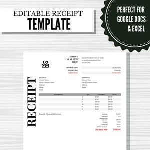 EDITABLE Receipt Template, Template for Google Docs or Microsoft Excel ...