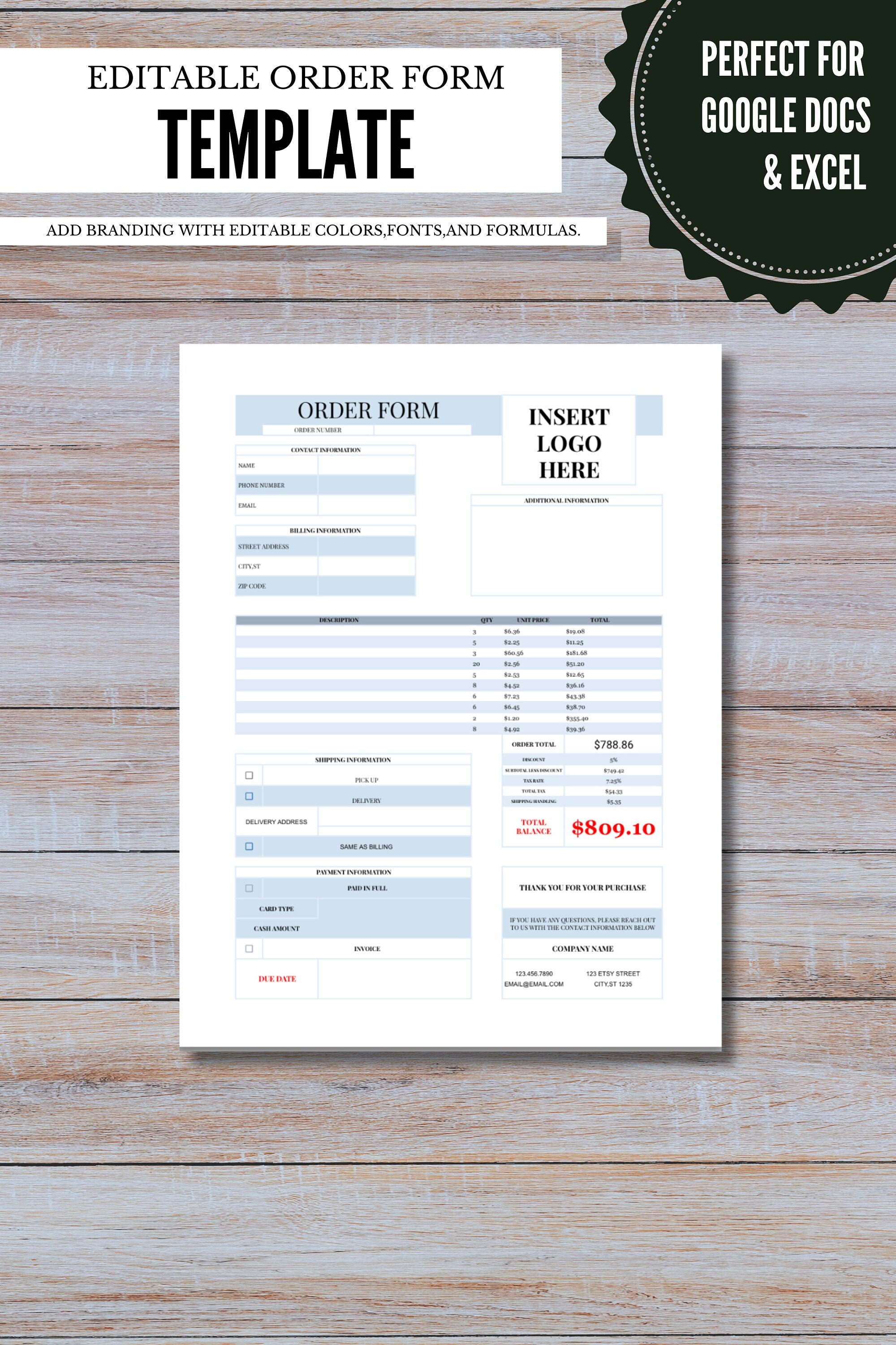EDITABLE Order Form Template, Template for Google Docs or Microsoft ...
