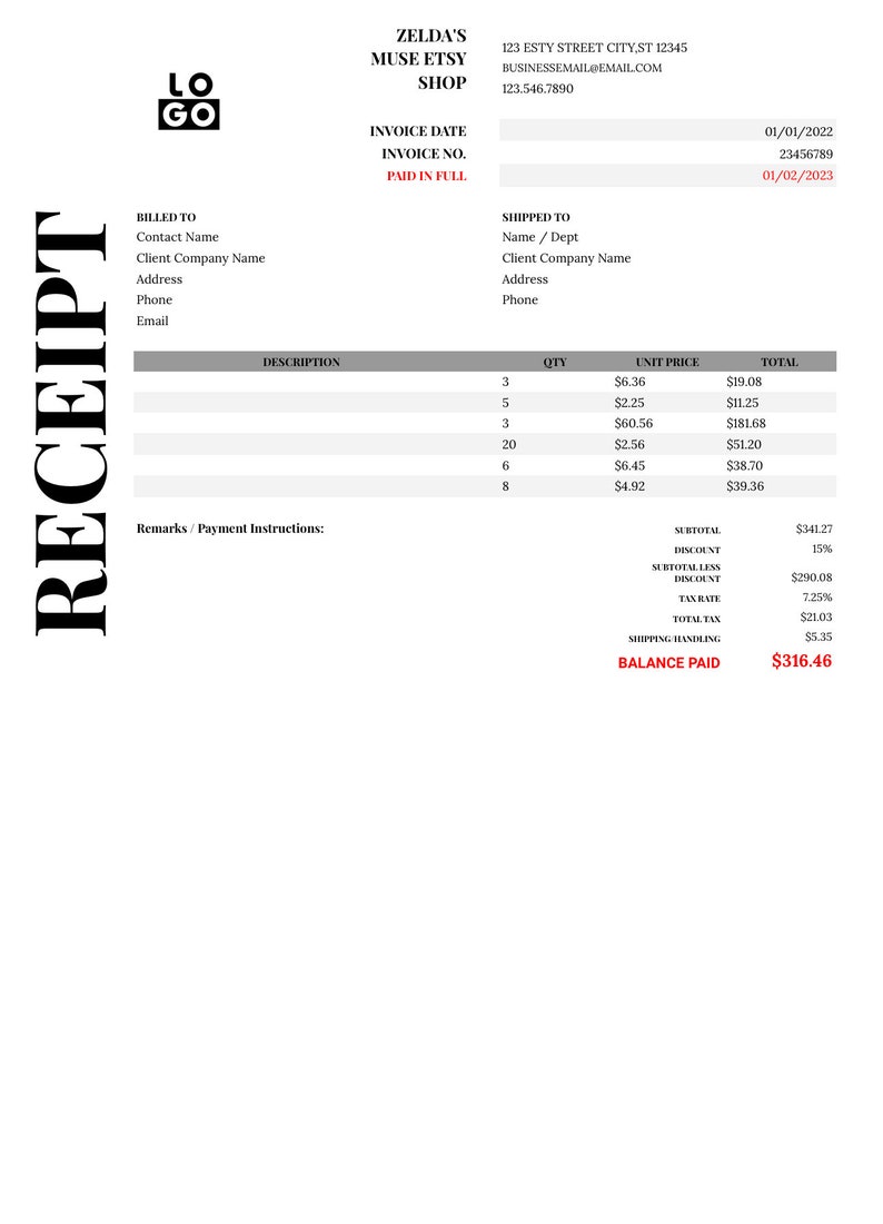 EDITABLE Receipt Template, Template for Google Docs or Microsoft Excel ...