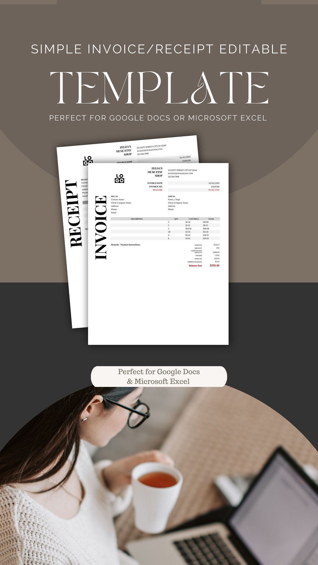 EDITABLE Invoice/receipt Template Bundle,invoice Template for Google ...