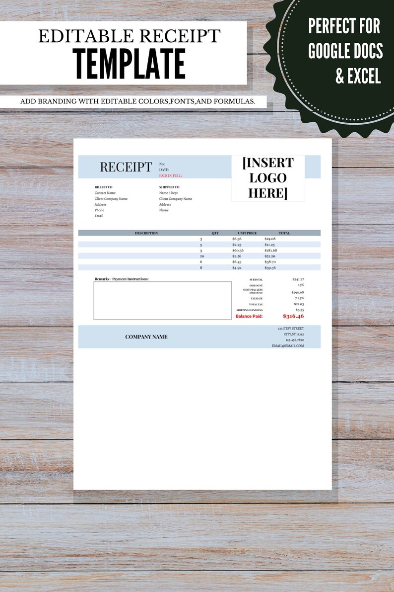EDITABLE Receipt Template, Template for Google Docs or Microsoft Excel ...