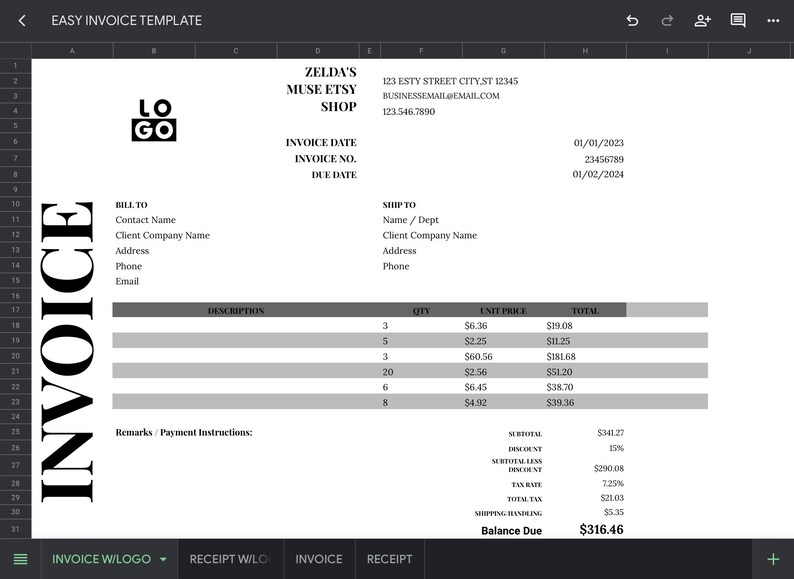 EDITABLE Invoice/receipt Template Bundle,invoice Template for Google ...