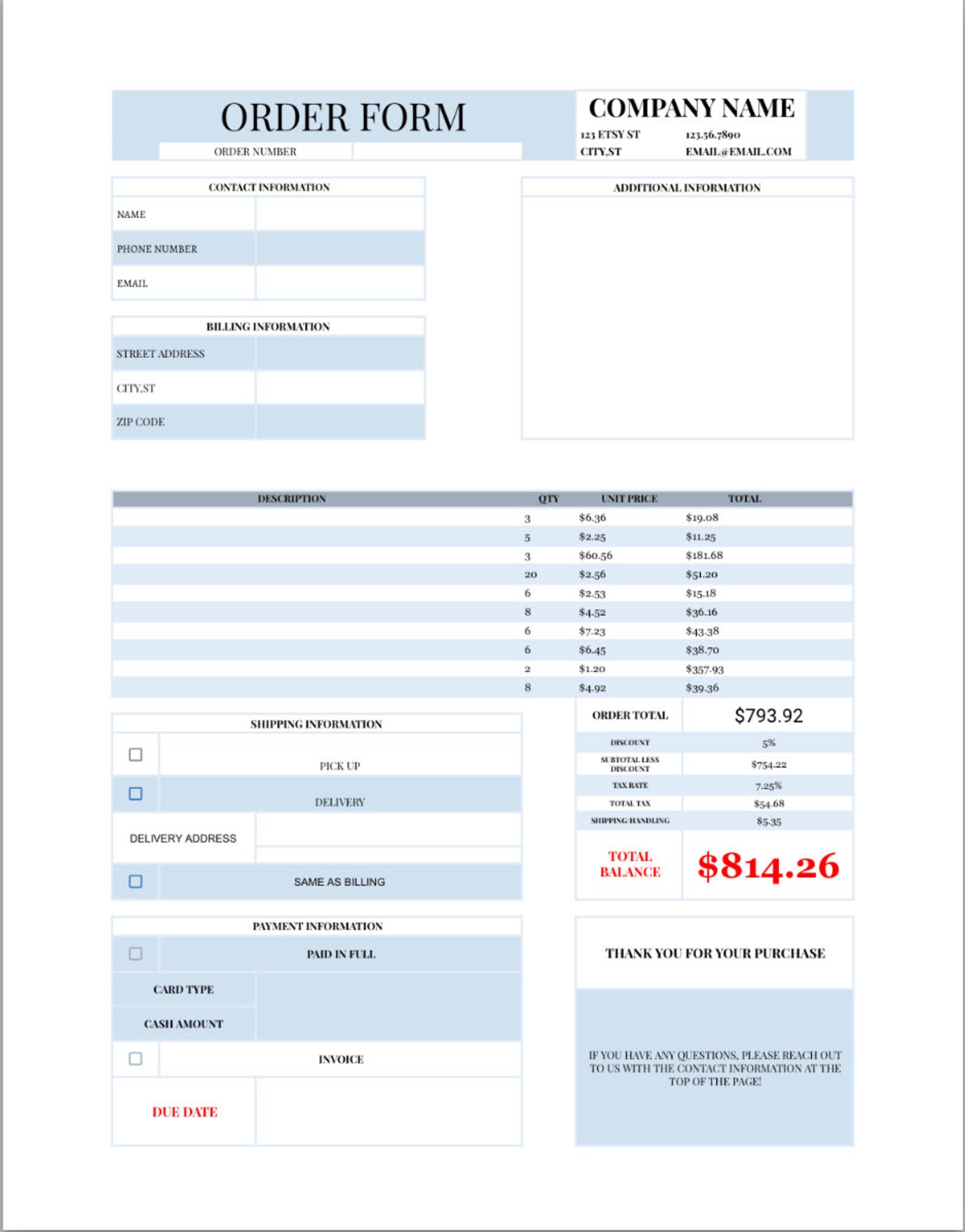 EDITABLE Order Form Template, Template for Google Docs or Microsoft ...