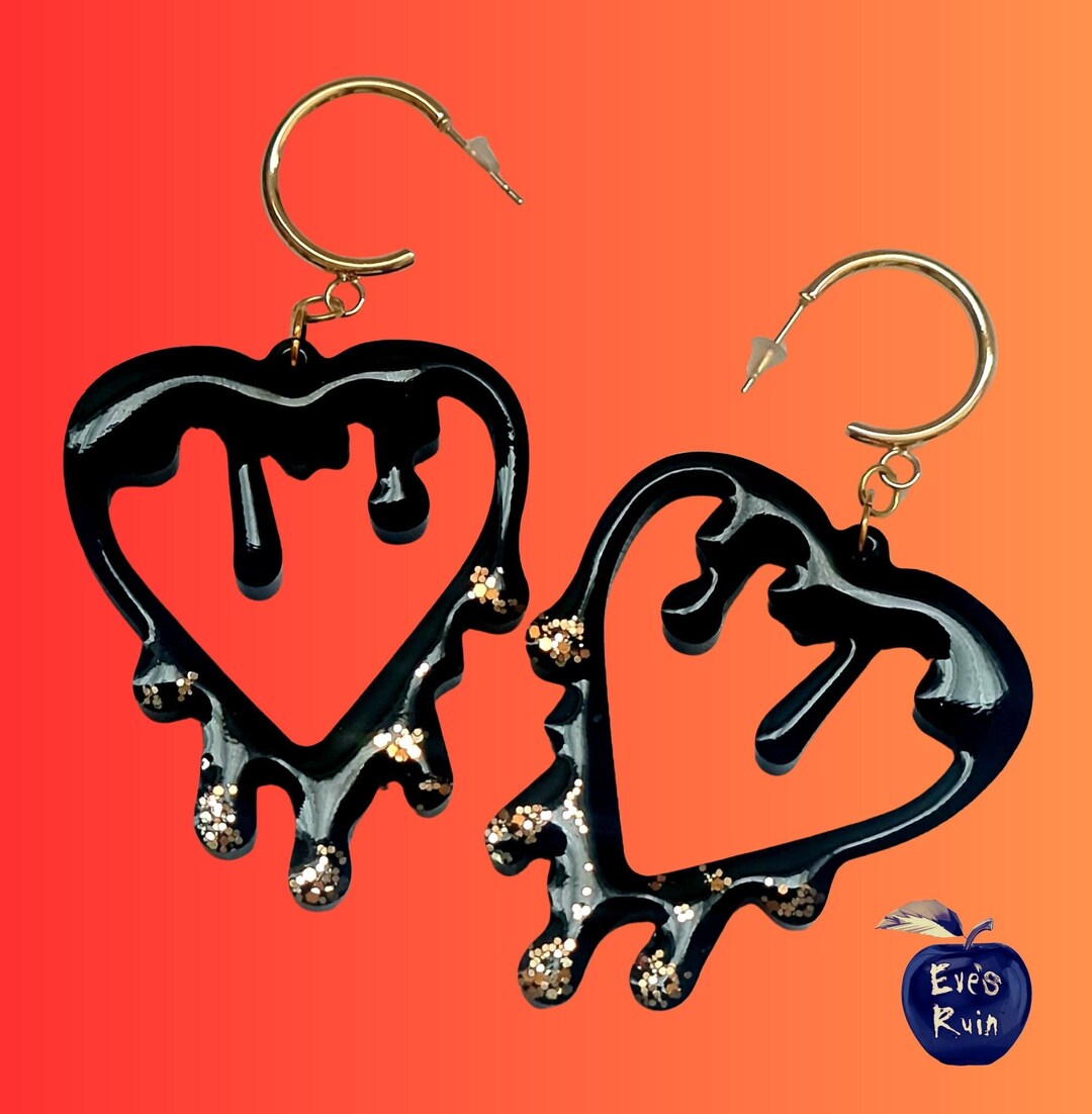 Black Heart Shiny Black Resin Bleeding Hearts on Gold Plated Open Hoop ...