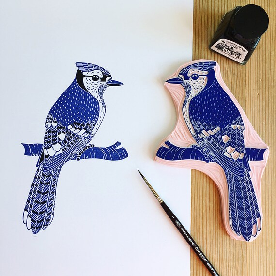 Blue Jay Handmade Original of a Bird Handprinted and | Etsy