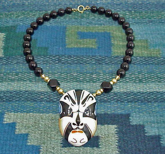 Chinese Porcelain Peking Opera Mask Necklace - Gem