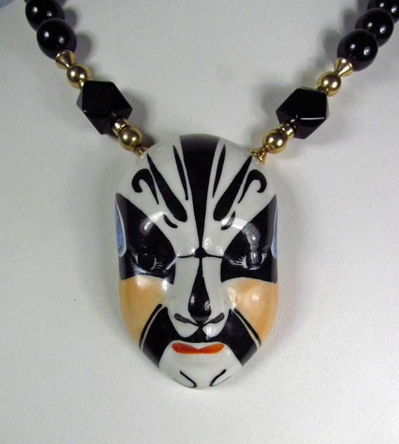 Chinese Porcelain Peking Opera Mask Necklace - Gem