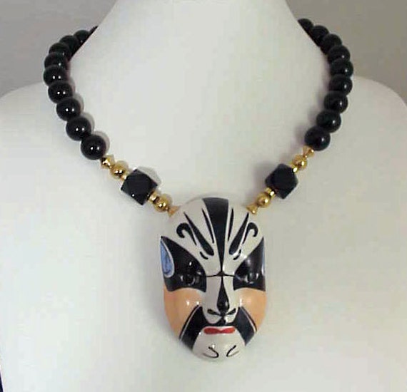 Chinese Porcelain Peking Opera Mask Necklace - Gem