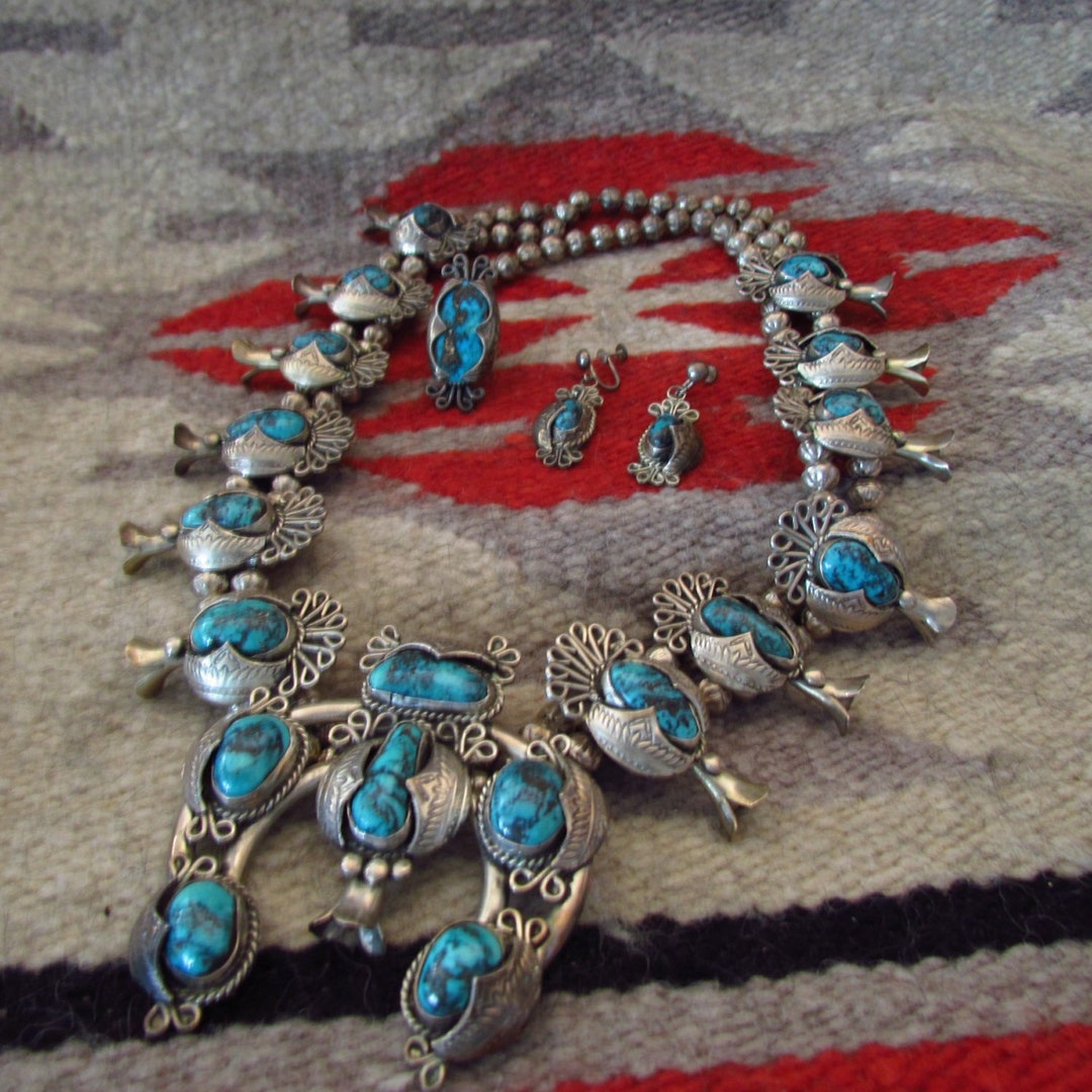 Rare Blue Diamond Turquoise, Heavy Sterling Silver Squash Blossom ...