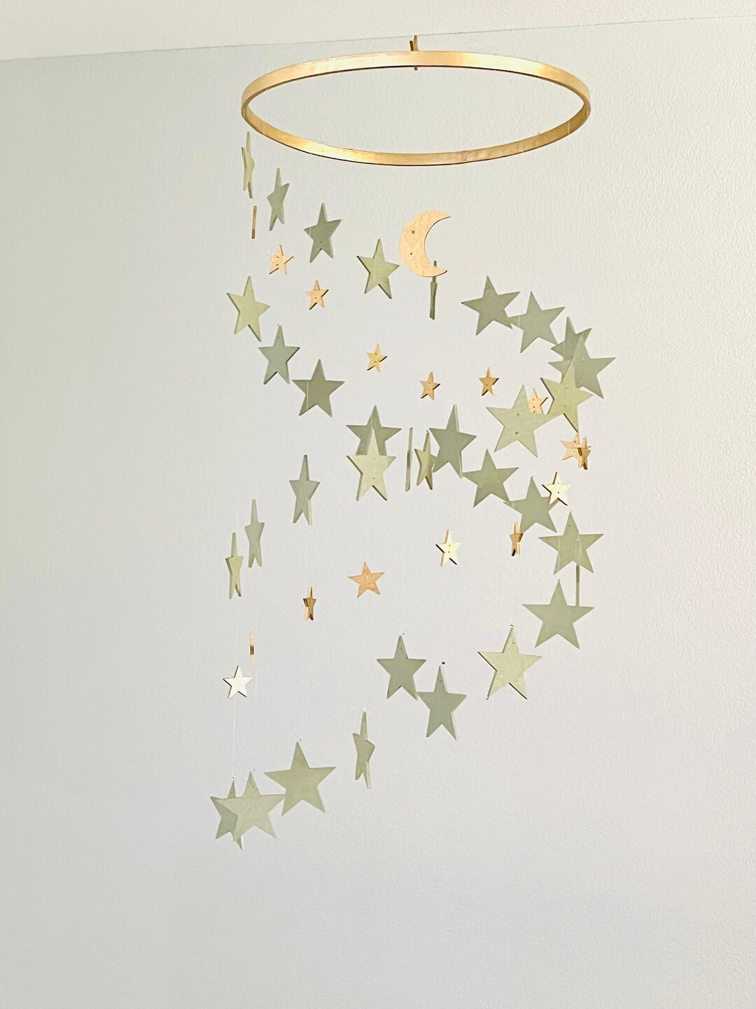 Gold and Sage Green Stars Baby Mobile, Wood Stars and Moon Mobile ...