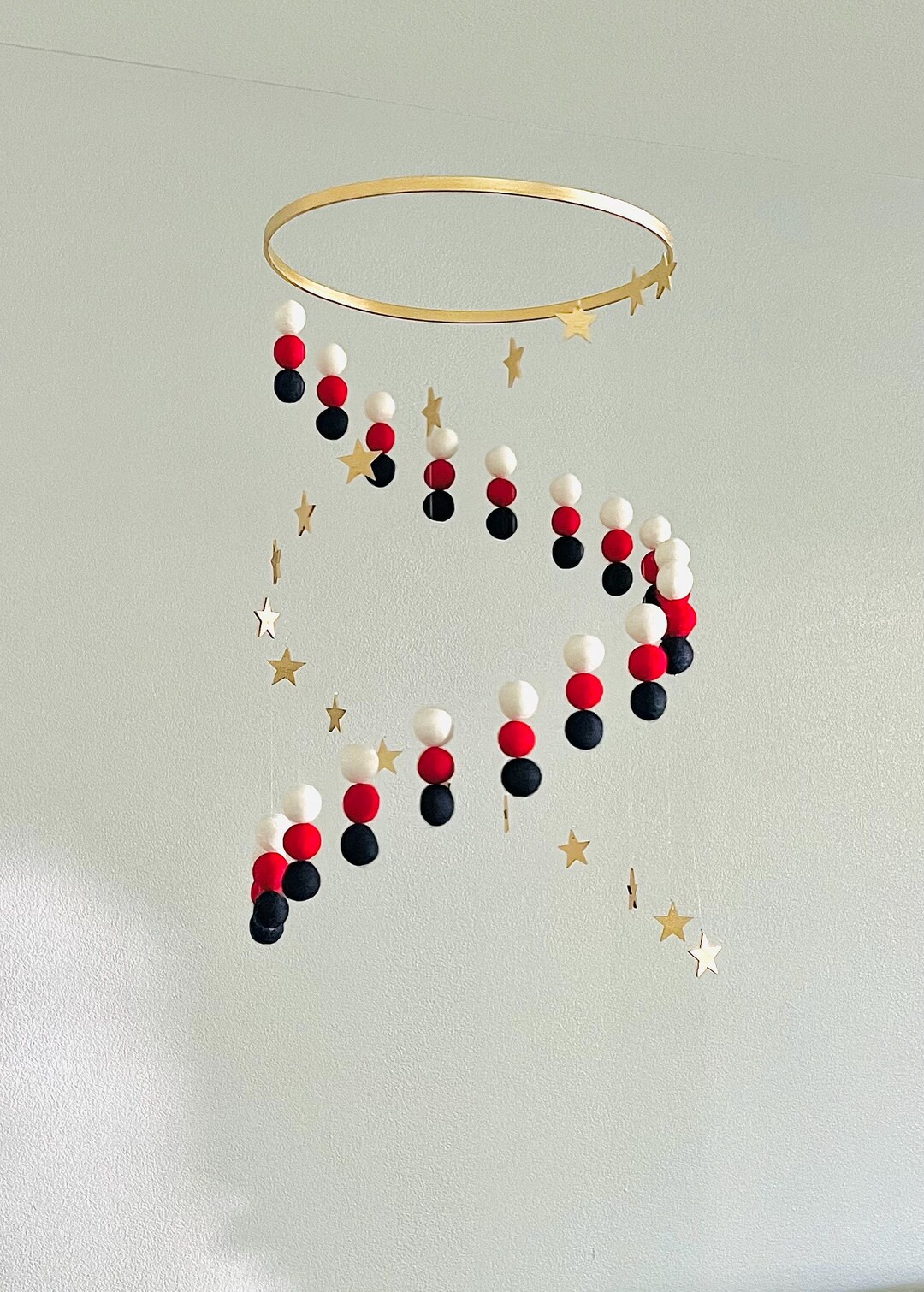 Gold Stars and White, Red, Navy Blue Felt Wool Ball Mobile, Pom Pom ...