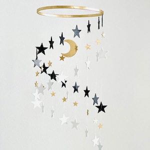 Gold and Black and White Stars Baby Mobile, Wood Stars and Moon Mobile ...