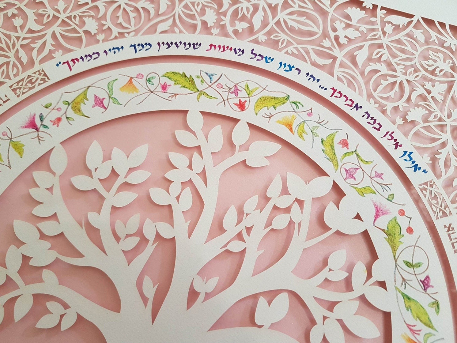 Personalized Pink Family Tree Papercut Wall Art Judaica - Etsy