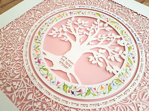 Personalized Pink Family Tree Papercut Wall Art Judaica | Etsy