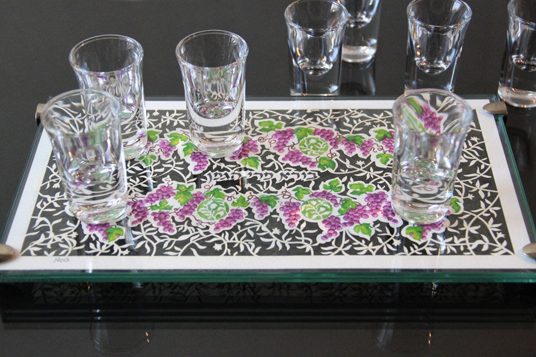Kiddush Cups Set, Glass Cups and Tray, Set for Kiddush, Jewish Wedding ...