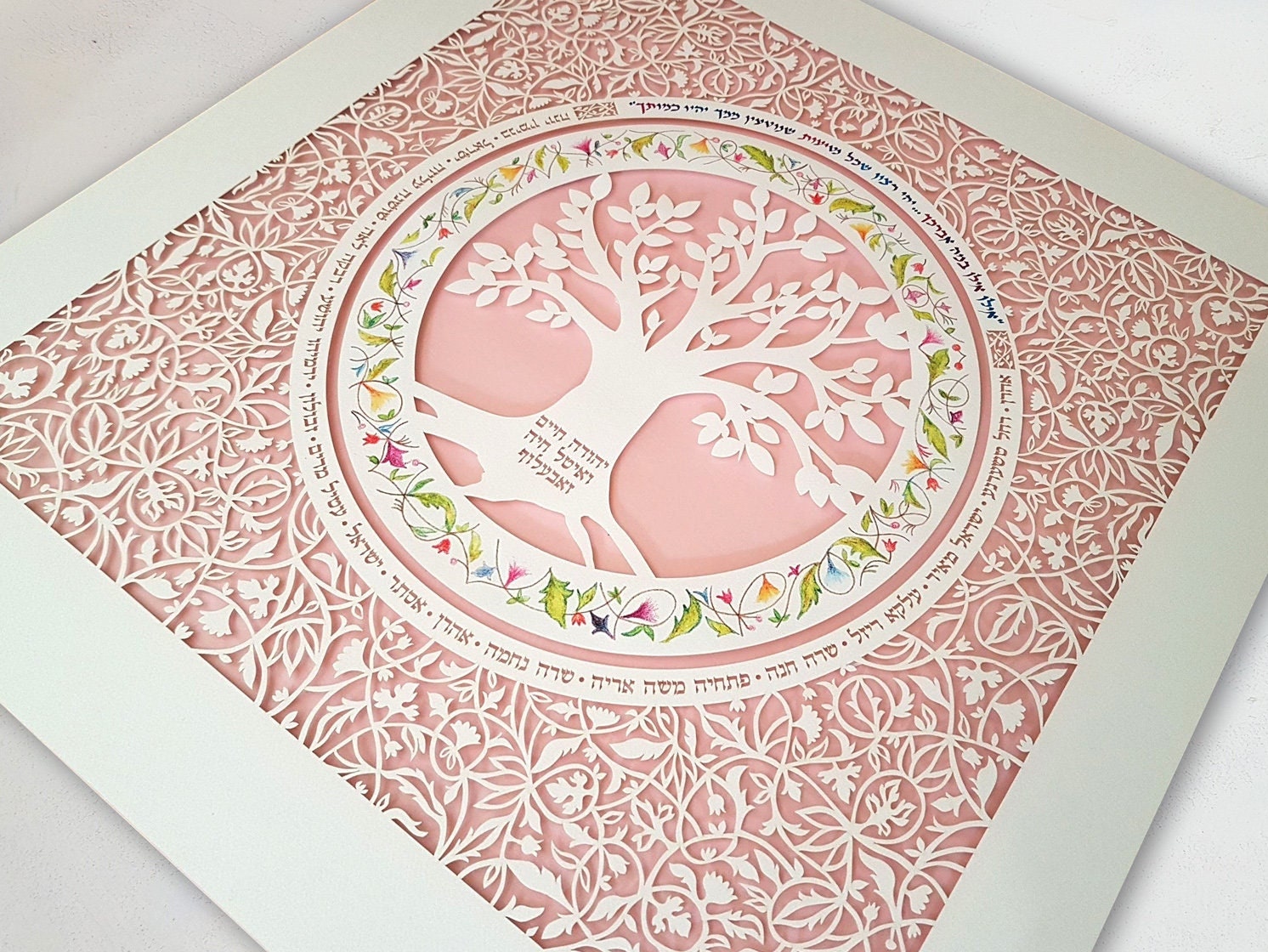 Personalized Pink Family Tree Papercut Wall Art, Judaica Handmade ...