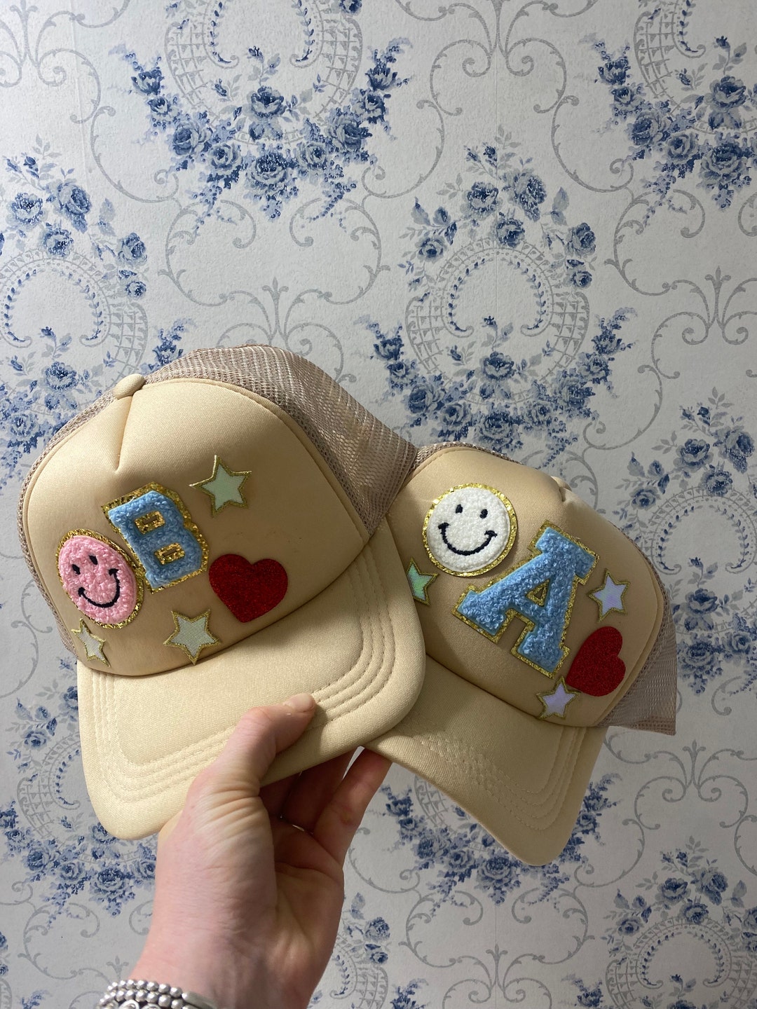 Women's Custom Bling Trucker Hat With Hat Chains Initials, Smiley Face ...