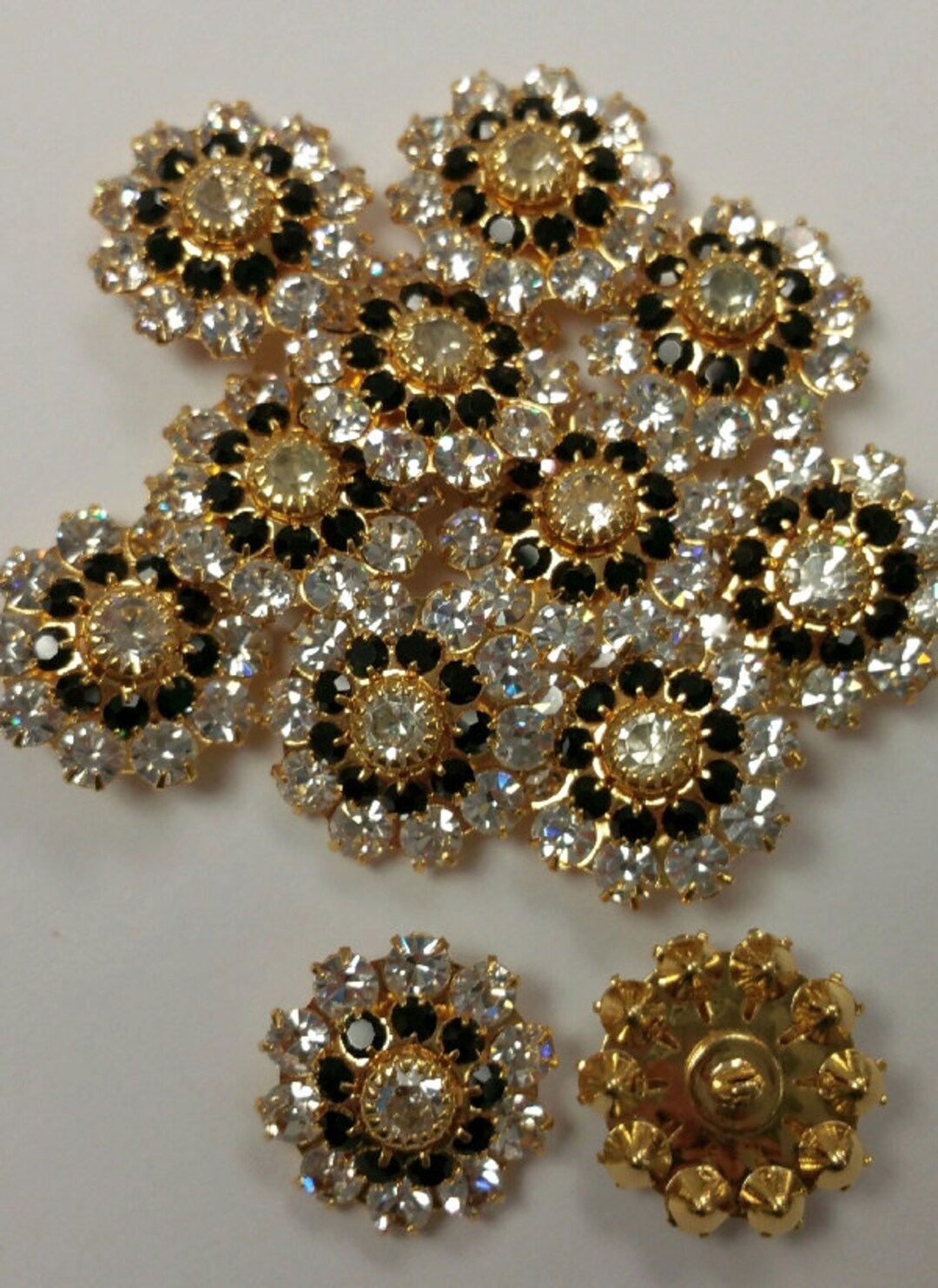 Vintage Swarovski Crystal Button: Jet Black & Clear, 24k Gold Plated (3 ...