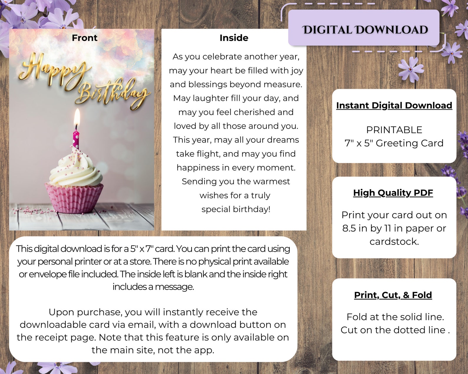 Cupcake Happy Birthday Printable Card, Digital Download - Etsy