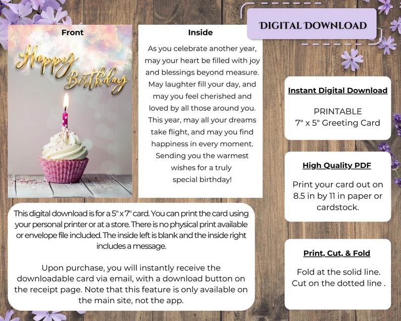 Cupcake Happy Birthday Printable Card, Digital Download - Etsy