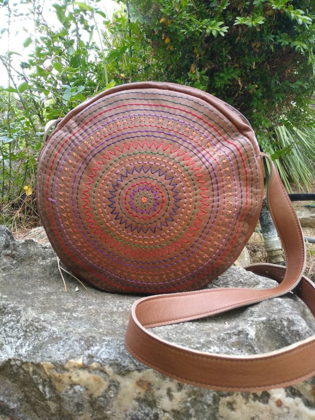 Round, Brown, Crossbody Leather Bag. Round Messenger Bag. Gift for ...