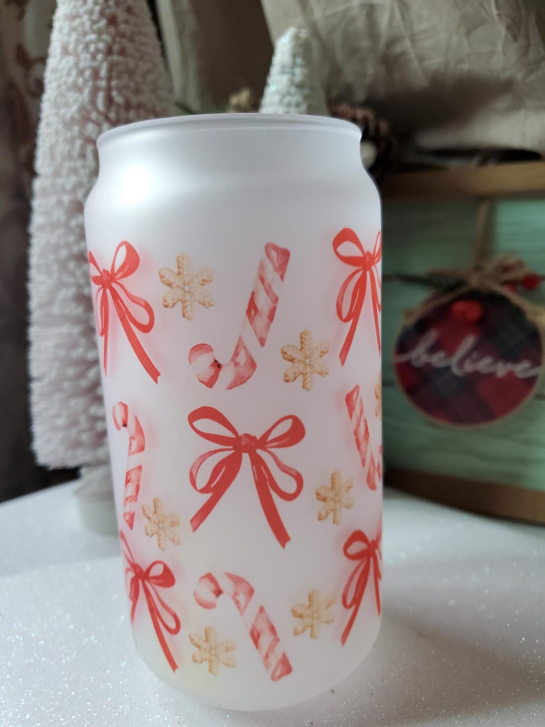 Cute Coquette Candy Canes and Snowflakes Holiday Glass Cup Iced Coffee ...