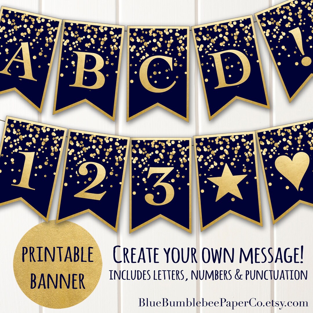 Printable Banner | Navy Gold Confetti Glitter | Alphabet A-Z, Numbers ...