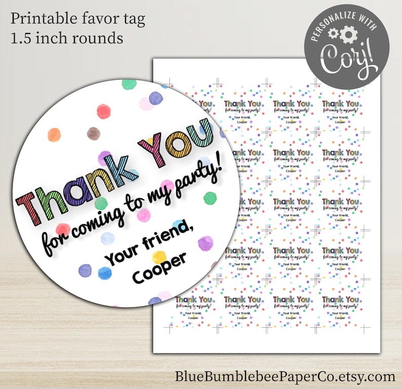 Thank You for Coming to My Party Round Gift Tags Stickers Confetti ...