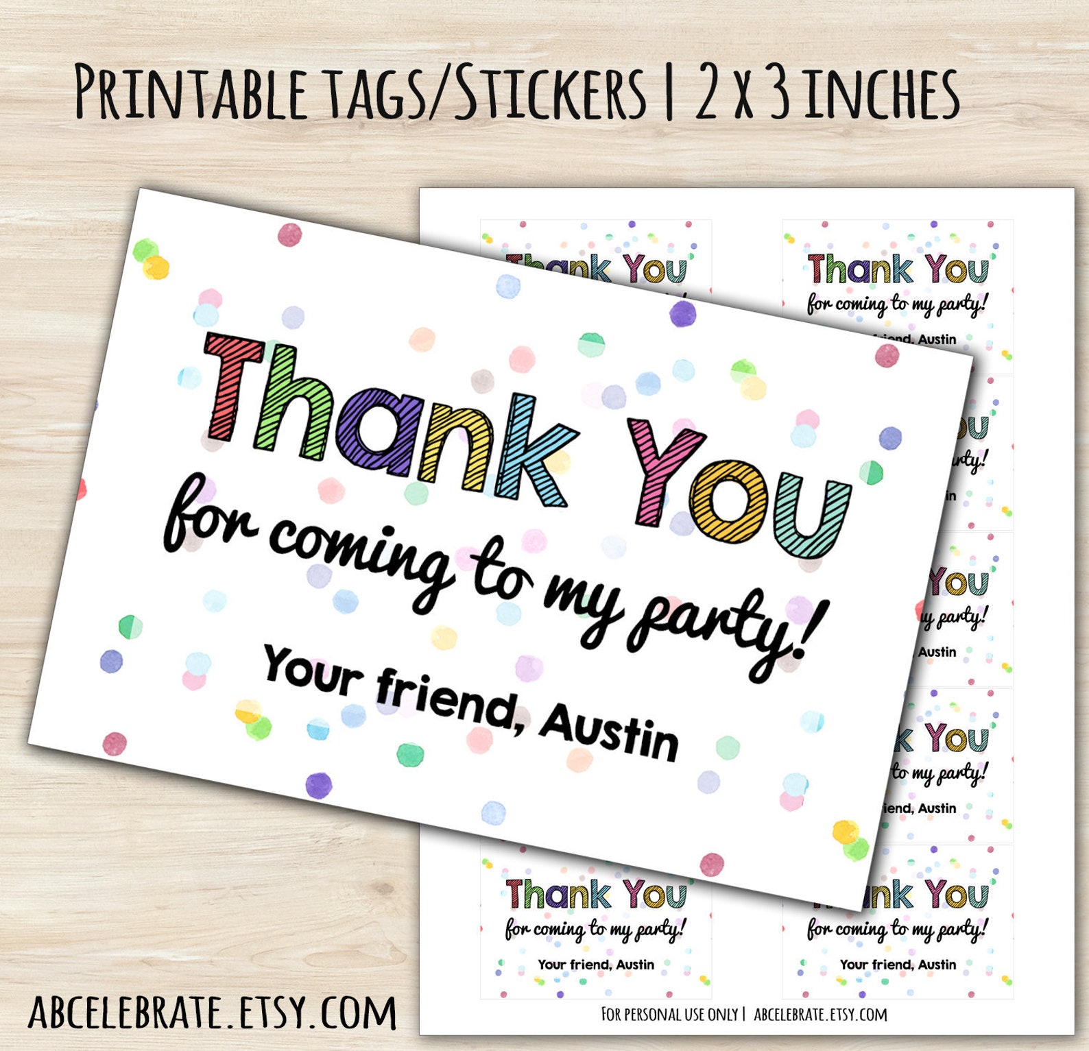 Thank You For Coming To My Party Kids Tags Stickers Confetti | Etsy