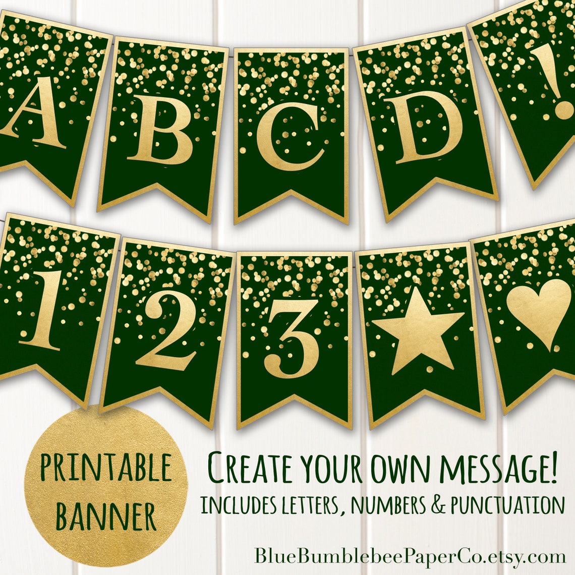 Printable Banner Green Gold Confetti Glitter Alphabet A-Z, Numbers ...