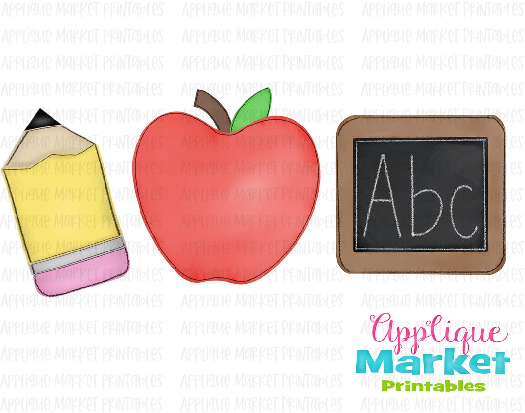 School Apple Pencil Chalkboard Trio Watercolor PNG, Sublimation Design ...