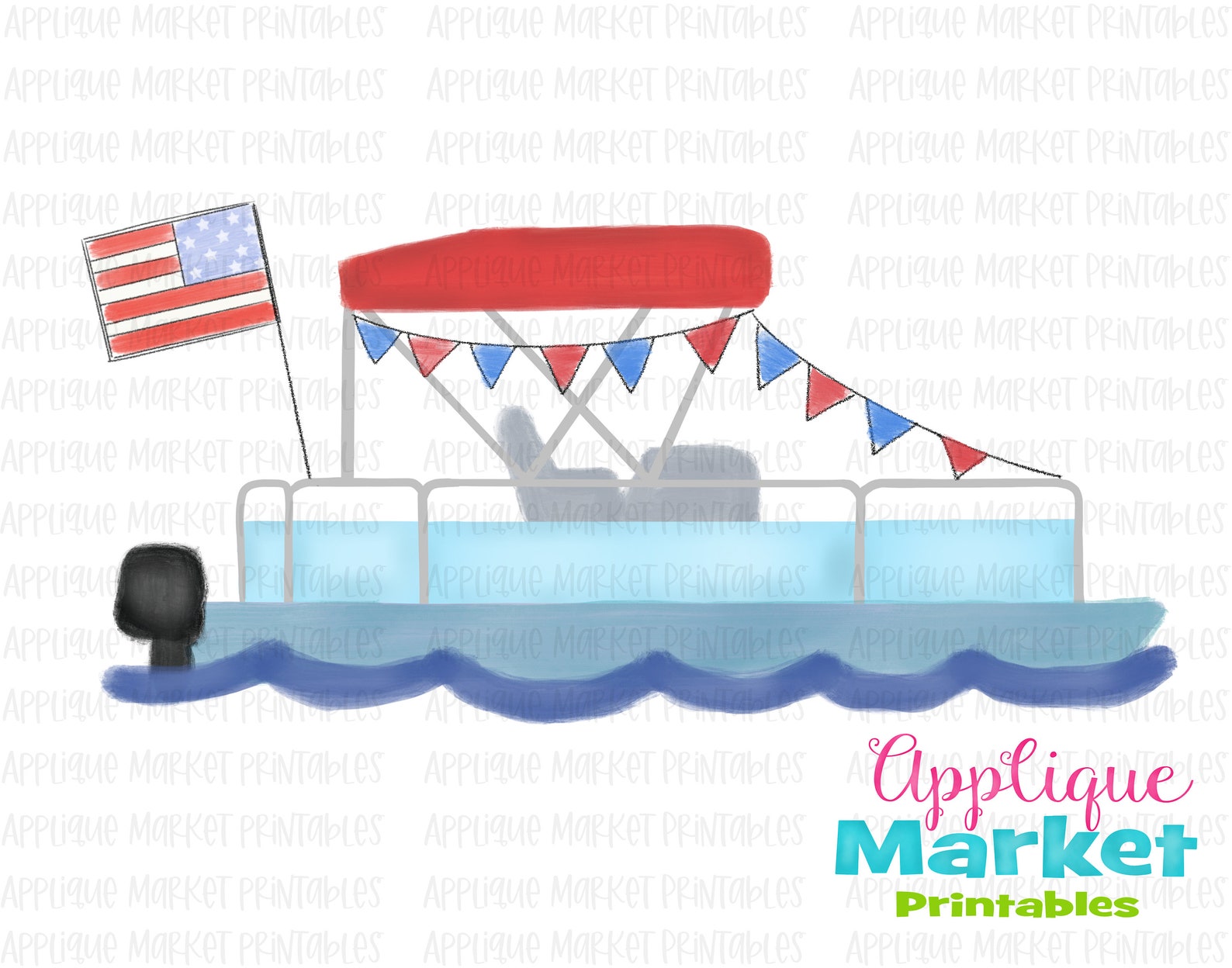 Pontoon Boat USA Flag Bunting July 4th Patriotic Watercolor Printable ...
