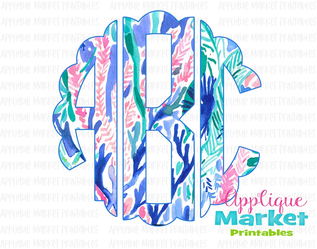 Preppy Floral Lilly Inspired Scallop Round Monogram Font Printable PNG ...