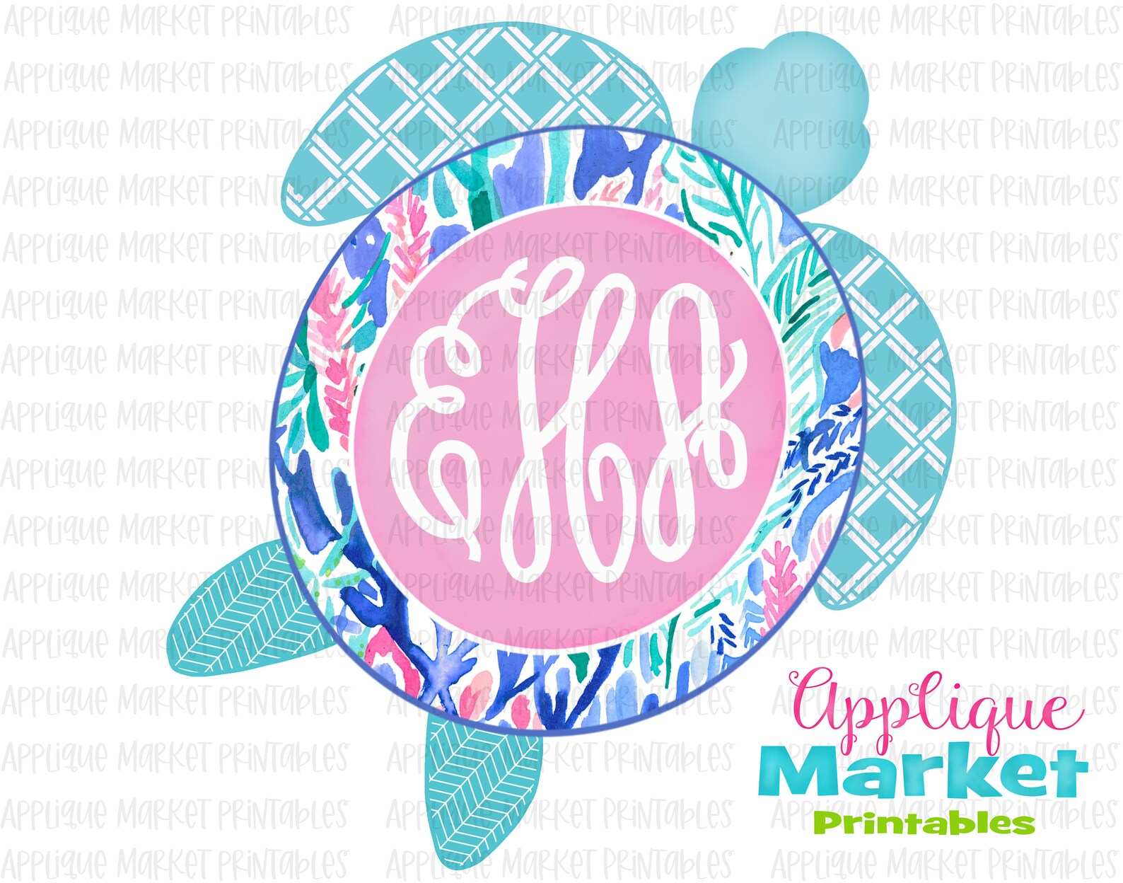 Sea Turtle Monogram Preppy Floral Watercolor Printable PNG, Sublimation ...