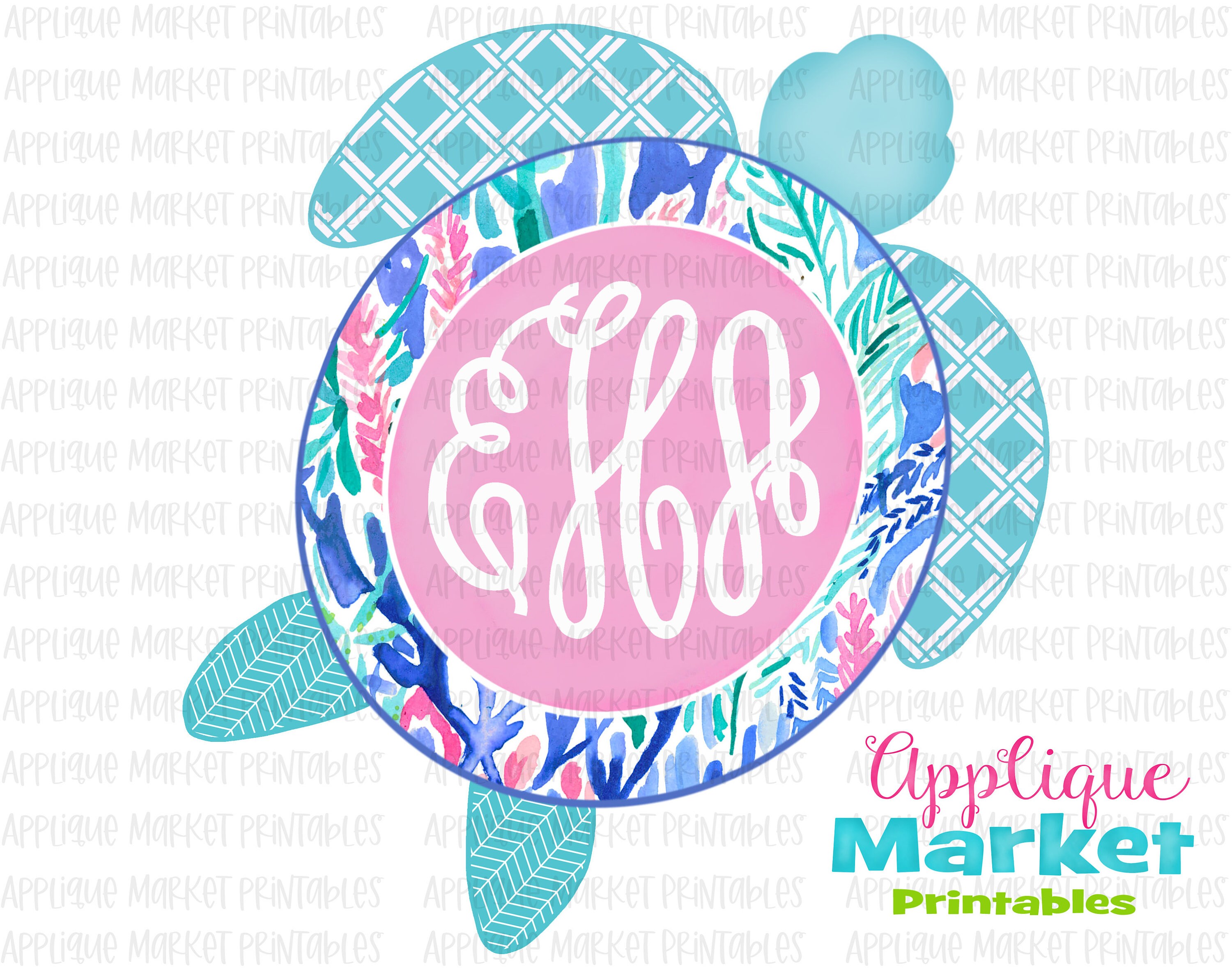 Sea Turtle Monogram Preppy Floral Watercolor Printable PNG, Sublimation ...