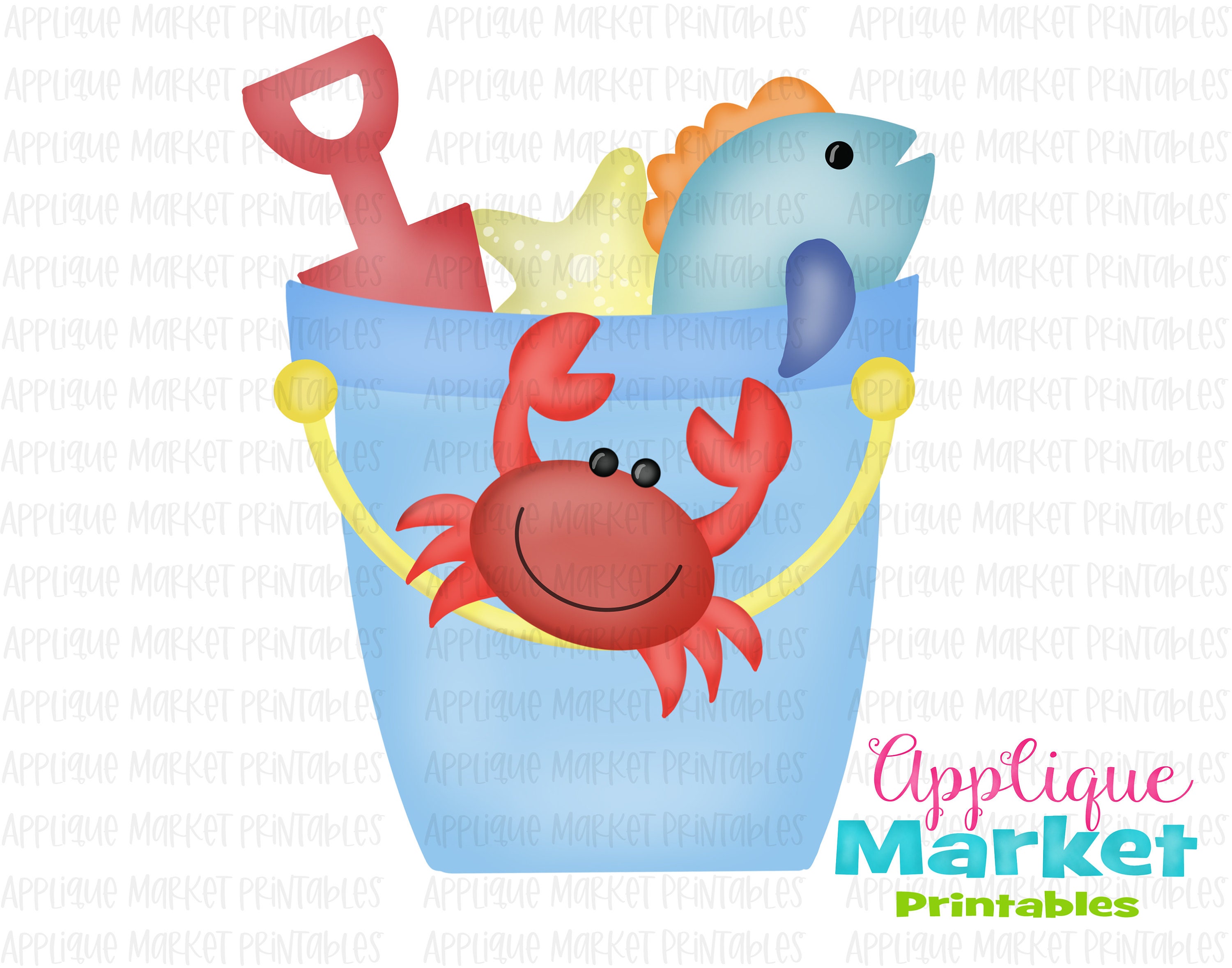 Beach Bucket Pail Crab Fish Shovel Red Blue Watercolor Printable PNG ...