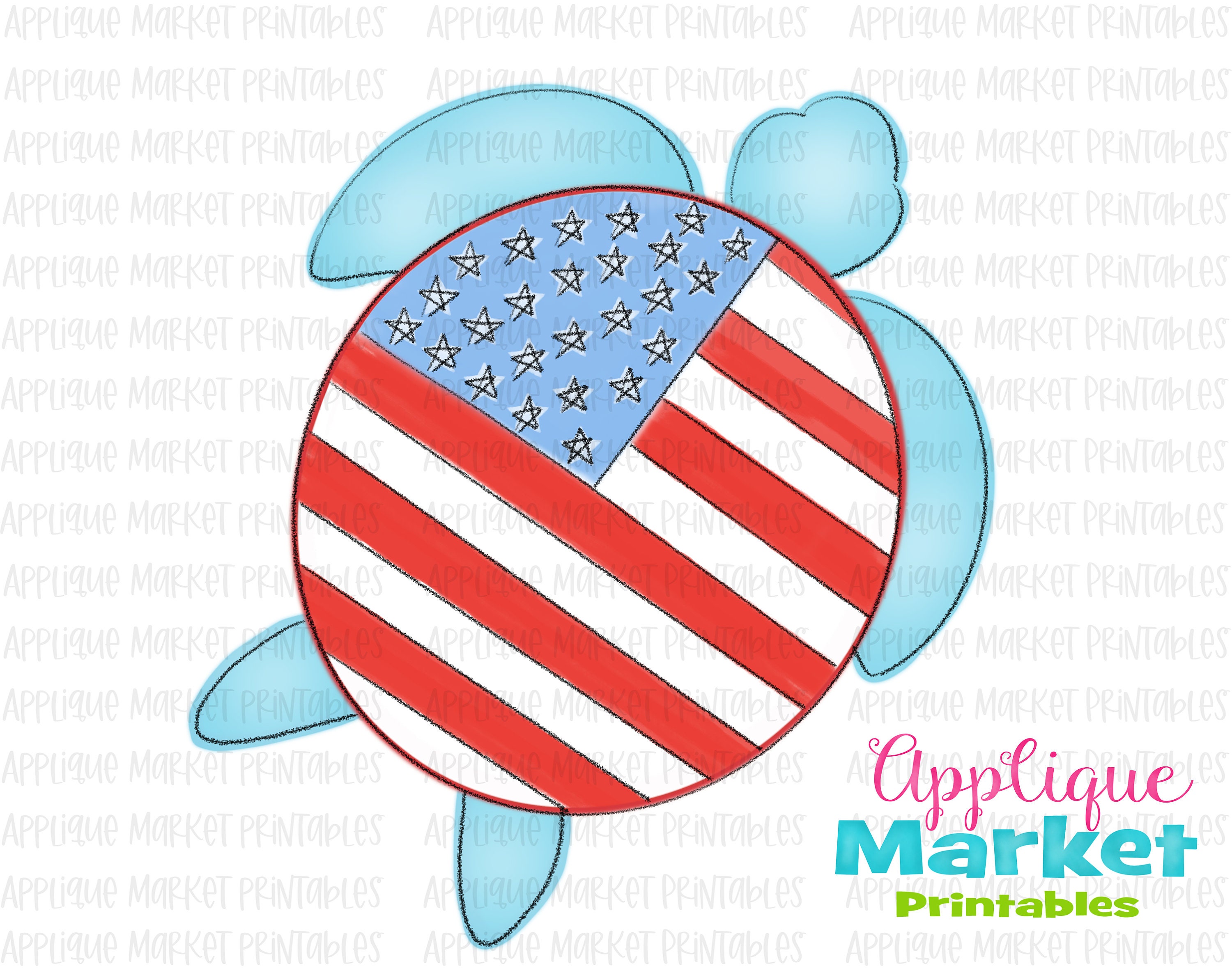 Sea Turtle USA Flag July 4 Patriotic Preppy Floral Watercolor Printable ...