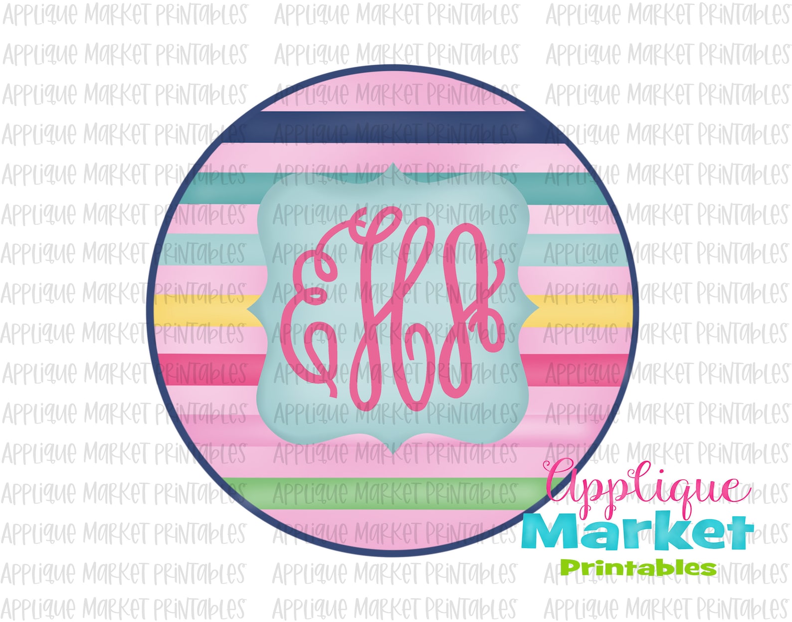 Preppy Stripe Pink Green Blue Green Circle Square Monogram Frame ...