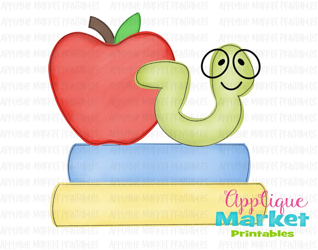 School Apple Worm Books Watercolor PNG, Sublimation Design, Digital ...