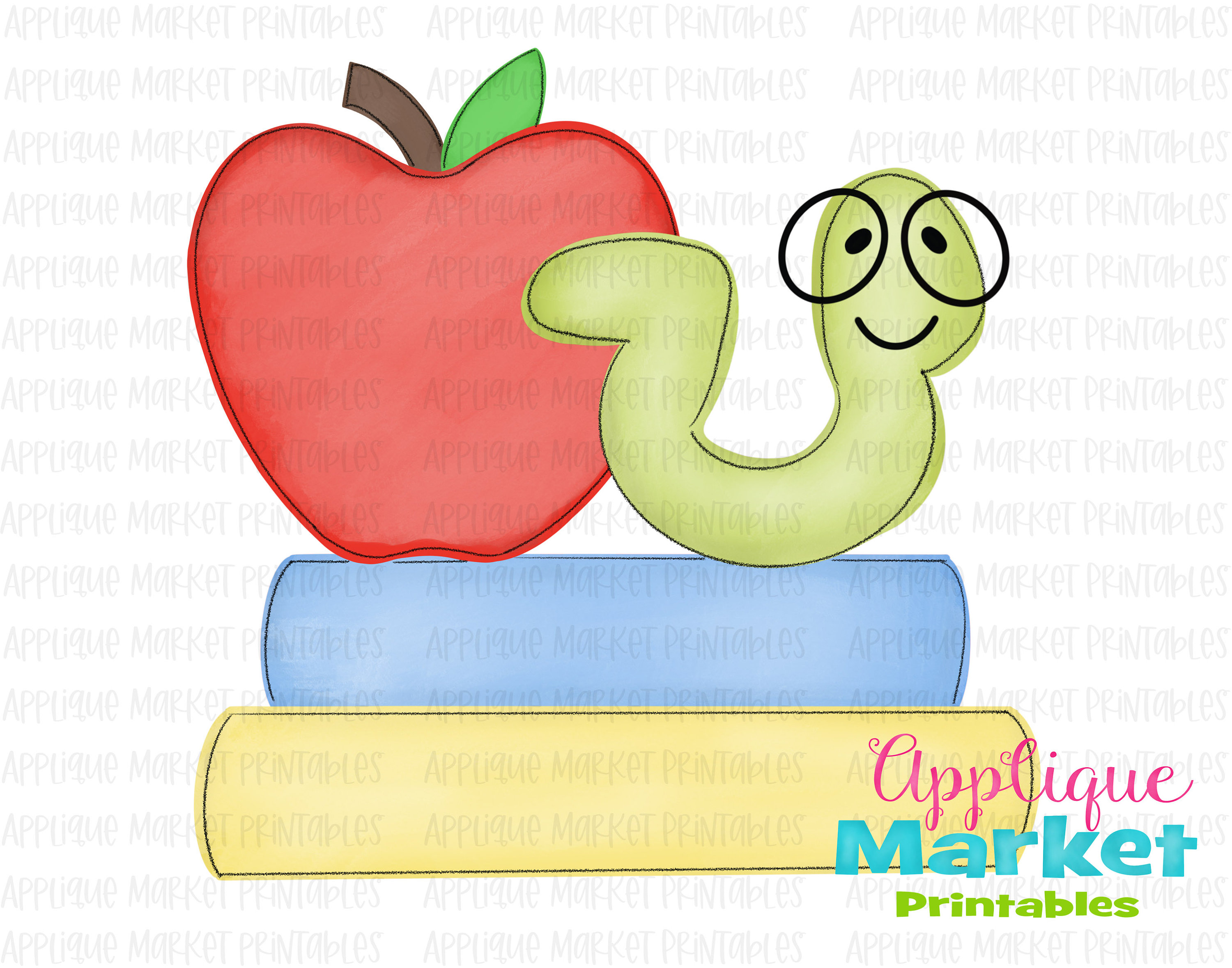 School Apple Worm Books Watercolor PNG, Sublimation Design, Digital ...