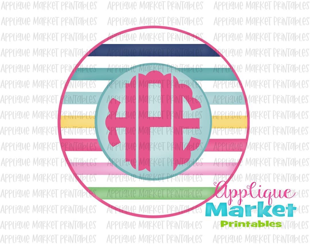 Preppy Stripe Pink Green Blue Green Circle Monogram Frame Watercolor ...