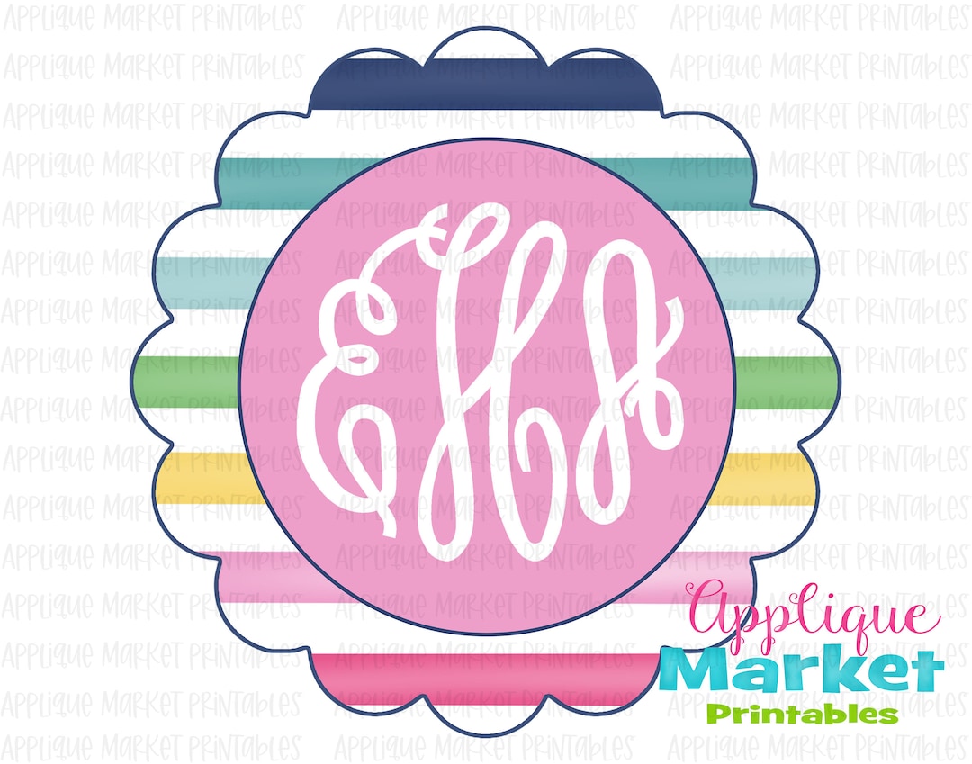 Preppy Stripe Pink Green Blue Green Scallop Circle Monogram Frame ...