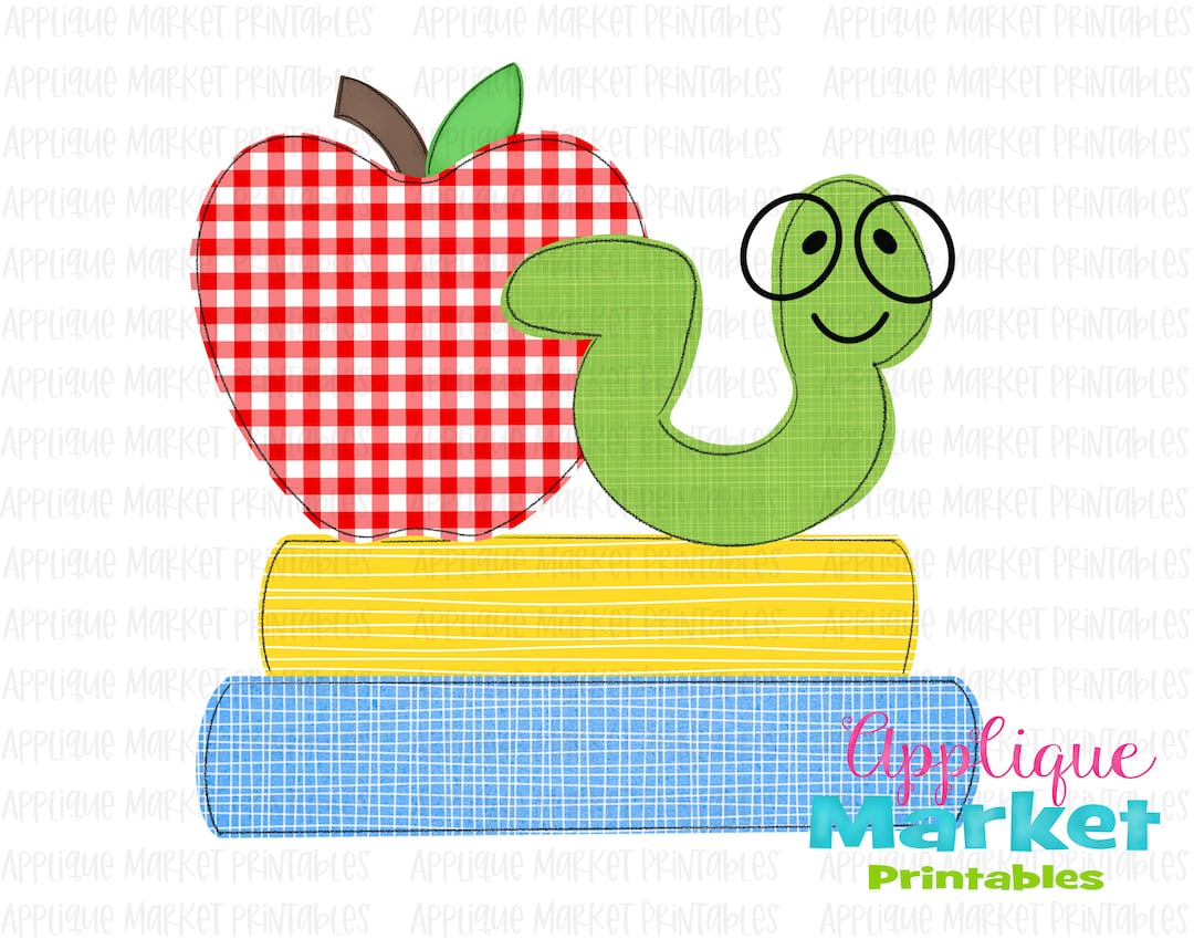 School Apple Worm Books Faux Applique Gingham PNG, Sublimation Design ...