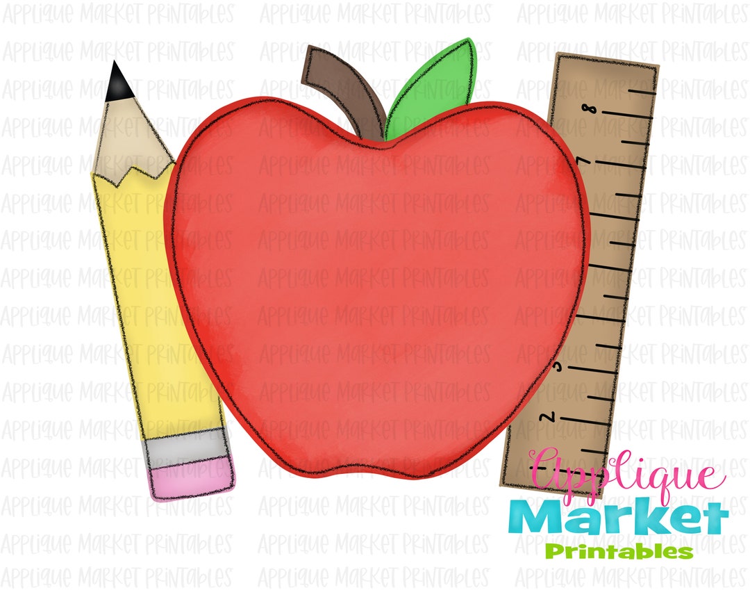 Apple Pencil Ruler Watercolor PNG, Sublimation Design, Digital Instant ...